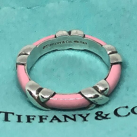 Tiffany & Co. | Jewelry | Tiffany Co Sterling Silver Sz 7 Pink Enamel X ...